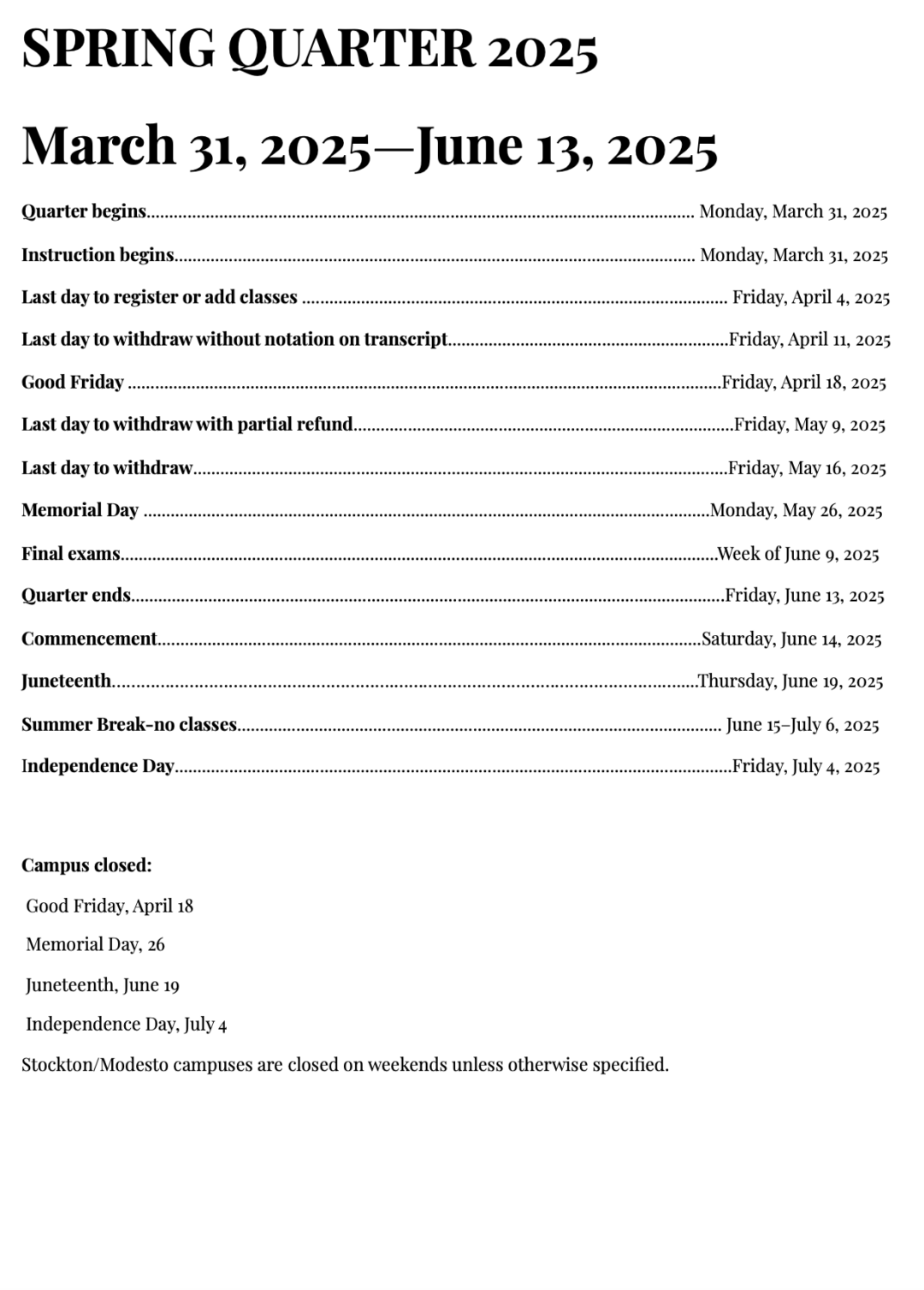 Academic Calendar | Humphreys University